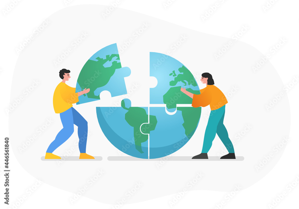 Earth care day, environment protection. Two people combine, connect ...