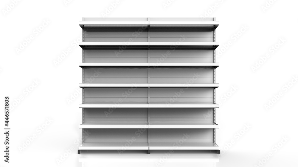 Set of white empty store shelves. Retail double shelf rack. Showcase ...