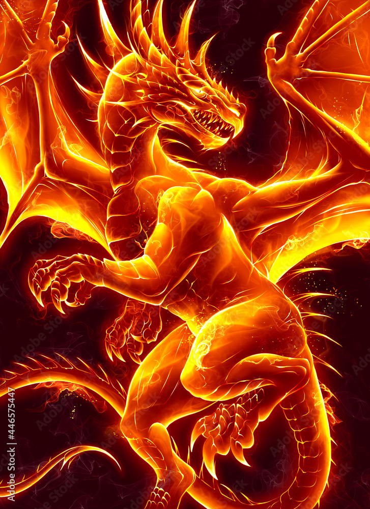 Fire dragon on the dark background. Digital painting. Stock ...