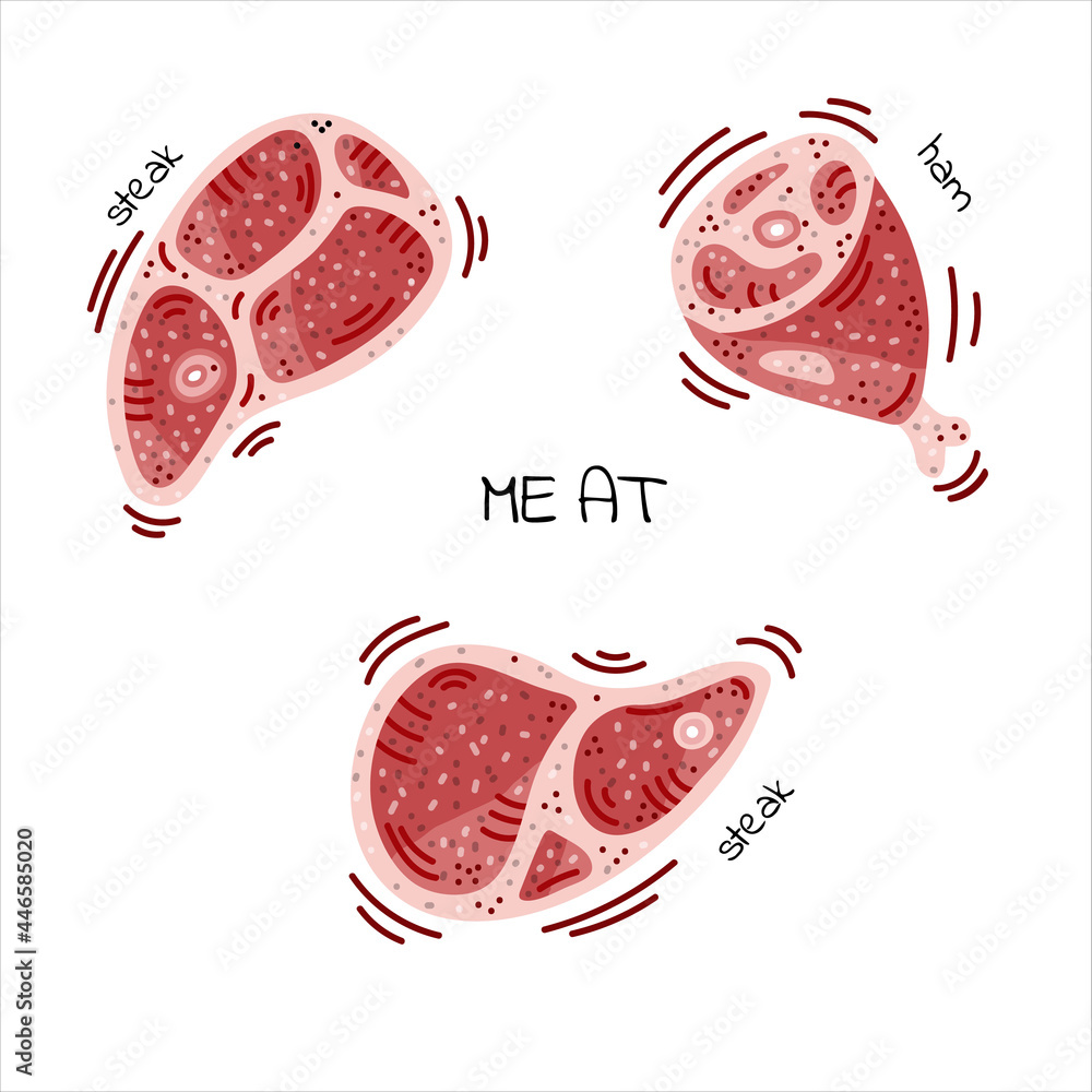 A set of entrecote, steak, meat with bone, ham, ham, bacon. Farm fresh ...