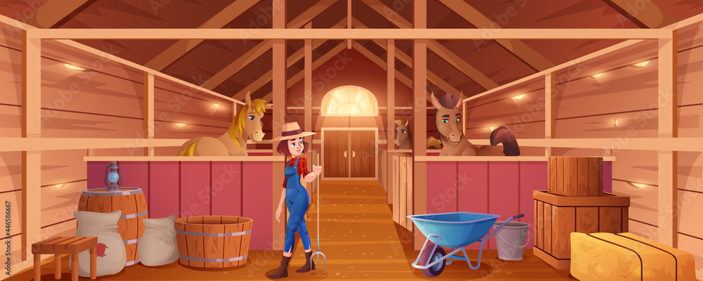 Cartoon stable with horses and woman stableman. Interior of barn or ...