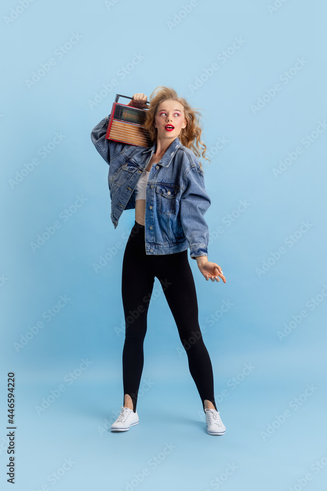 Portrait of attractive young girl in retro 90s fashion style, outfits ...