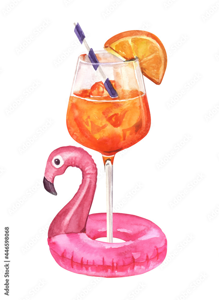 Watercolor hand painted Spritz cocktail glass with orange fruit simple ...