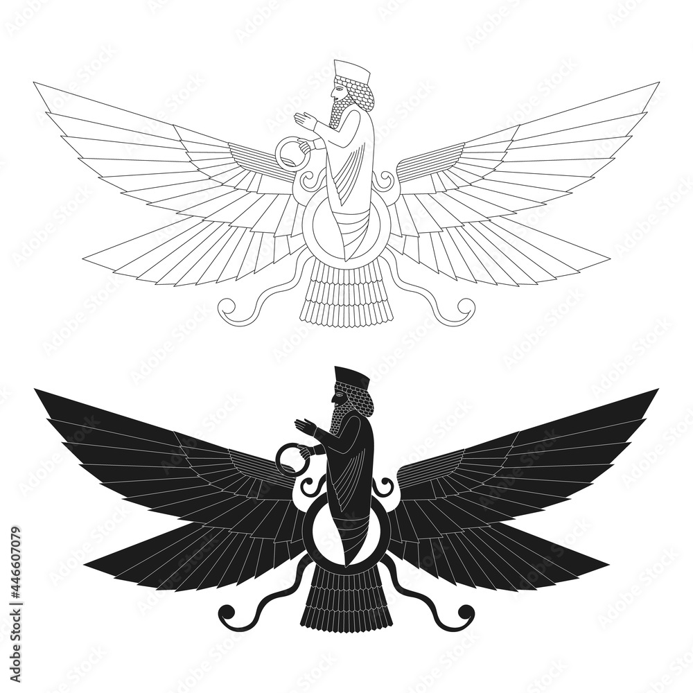 vector monochrome icon with ancient sumerian symbol Faravahar for your ...