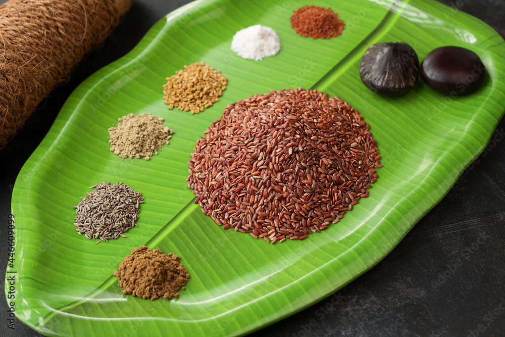 Ayurvedic porridge Karkidaka Kanji herbal gruel ingredients banana leaf ...