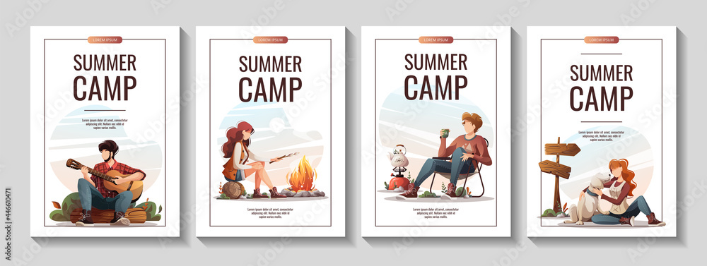 Set of flyers with people sitting in the campsite in nature. Summer ...
