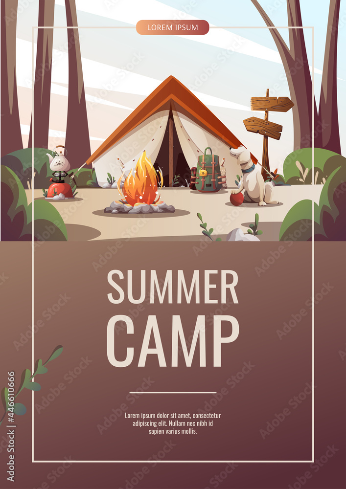 Promo flyer with campsite. Summer camping, traveling, trip, hiking ...