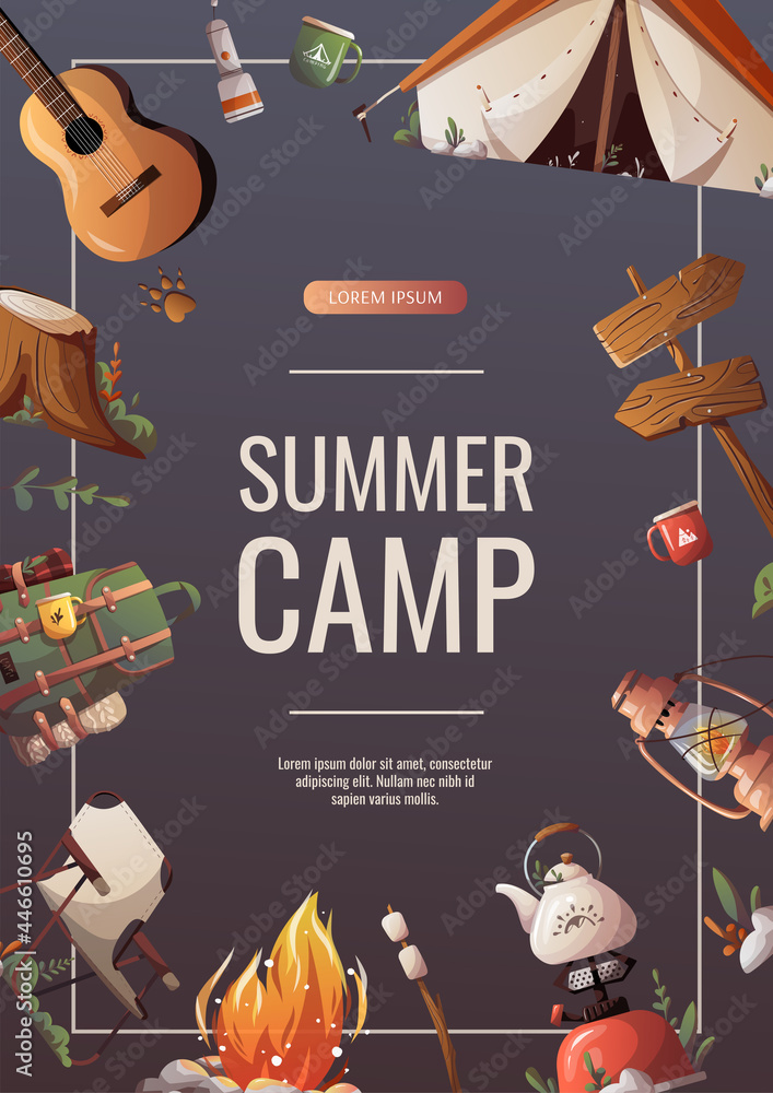 Promo flyer for summer camping, traveling, trip, hiking, camper, nature ...