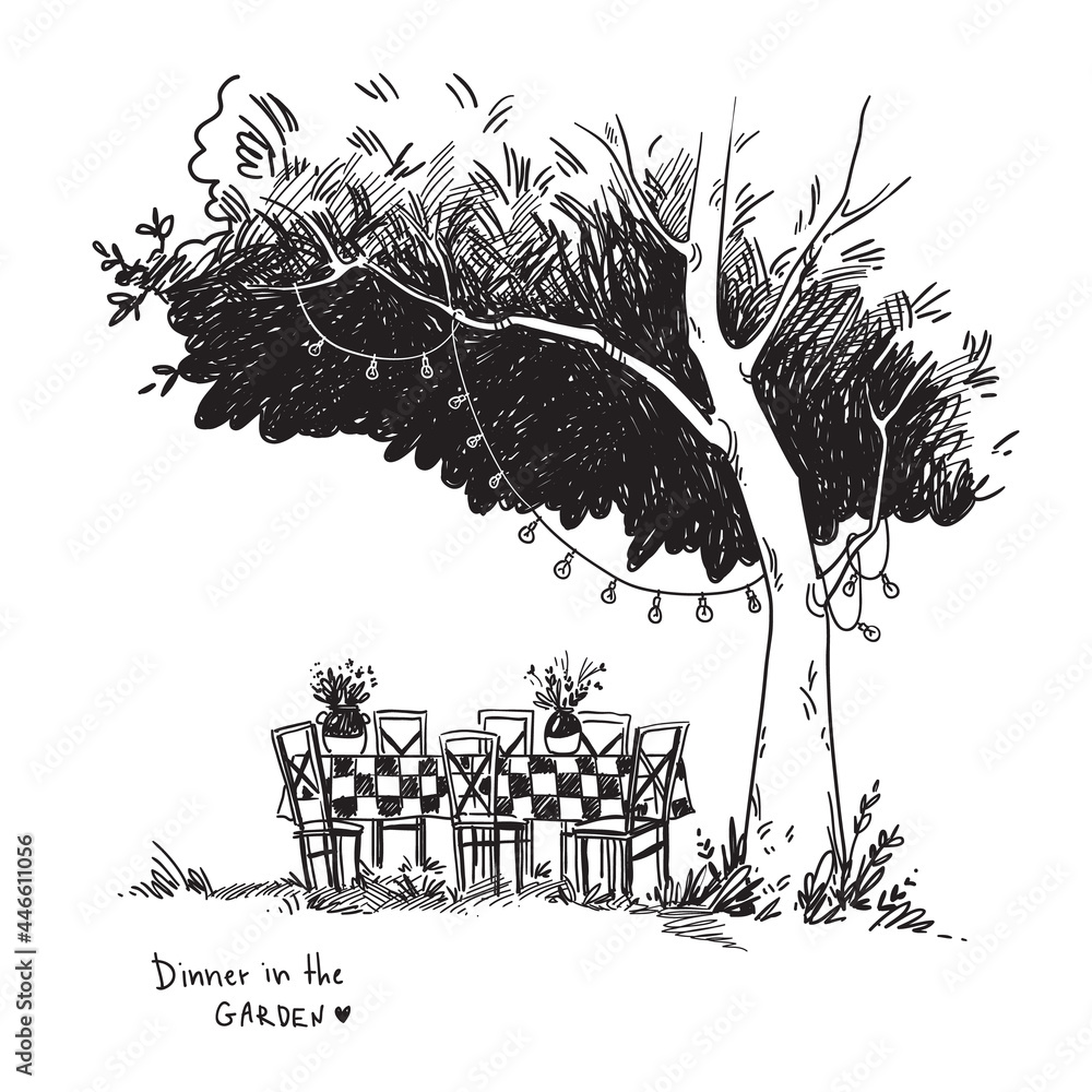 Vector Black And White Line Drawing Of A Cosy Dinner Table Set Up In A