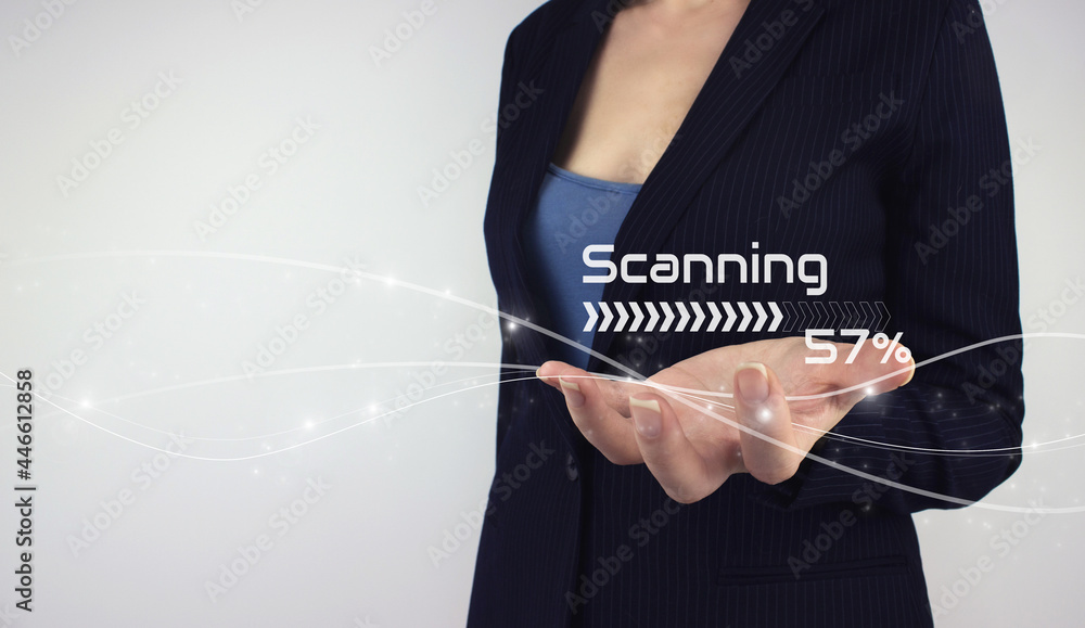 Futuristic and technological scanning concept. Hand hold digital ...