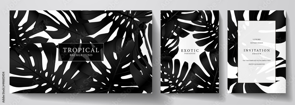 Exotic black and white banner, cover design set. Floral background with ...