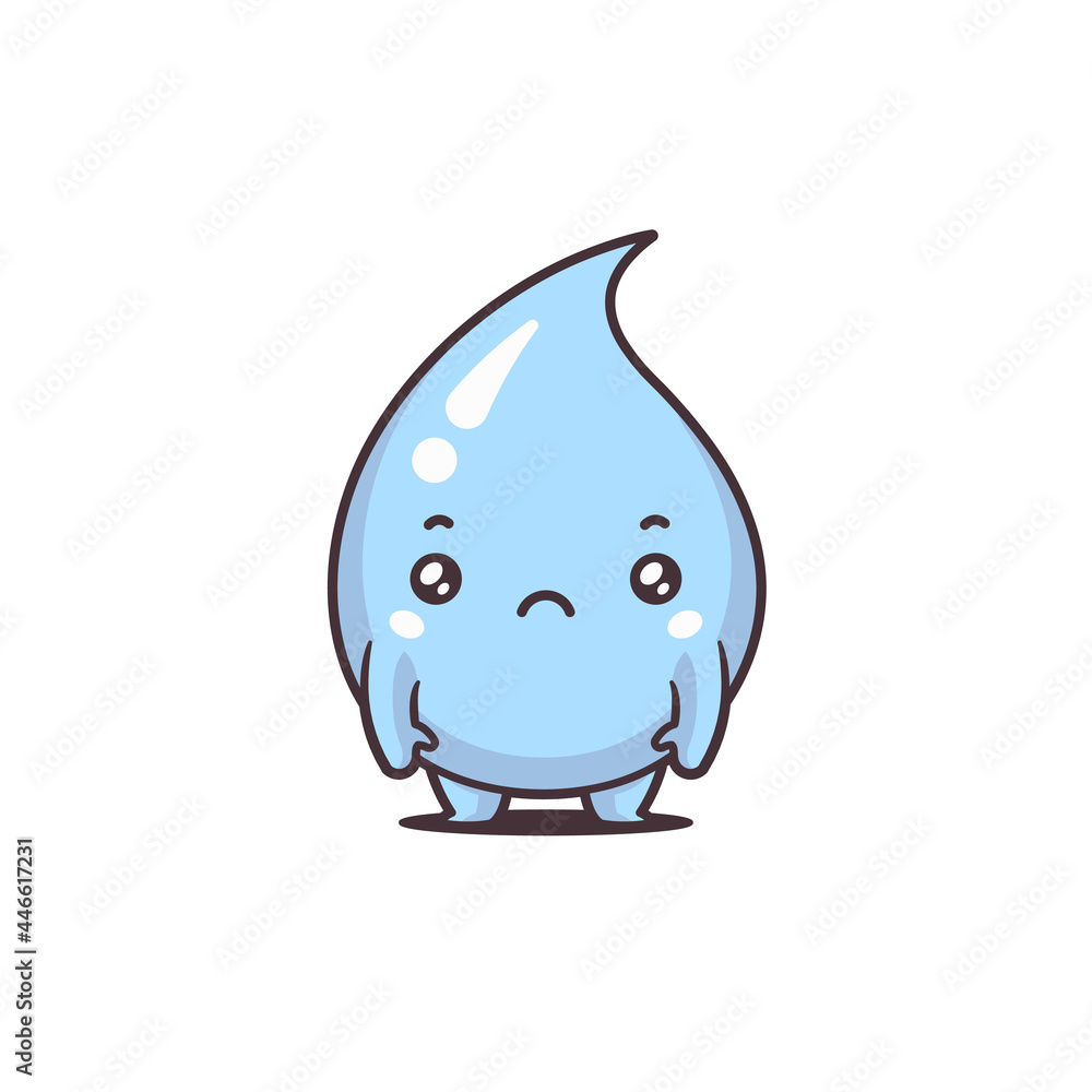 Cute kawaii water drop cartoon mascot showing sad emotion, vector ...