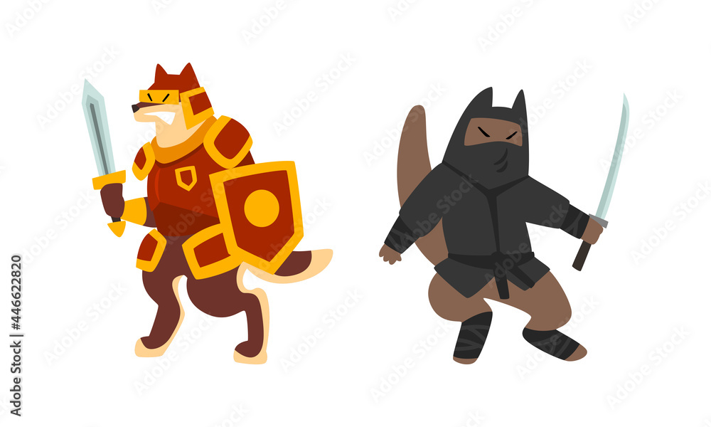 Warlike Animals Set, Knight and Ninja Dog Characters Fighting with ...