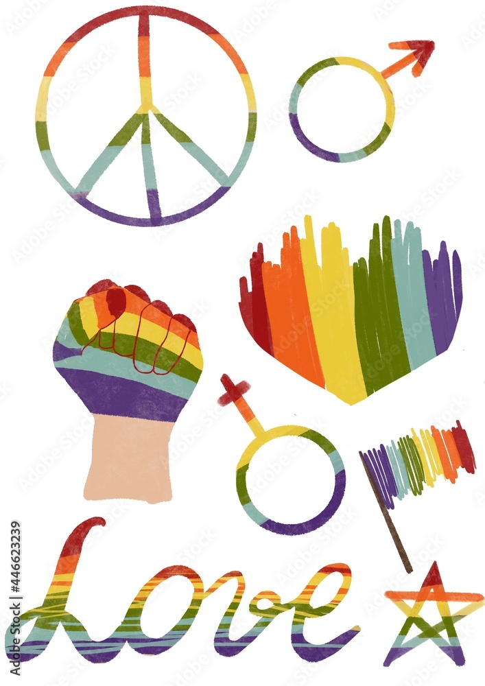 LGBT symbols set in rainbow colors: pride, freedom flags, hearts, peace ...