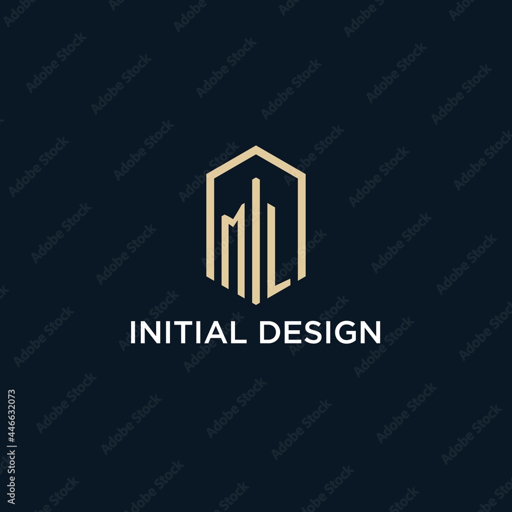 ML initial monogram logo with hexagonal shape style, real estate logo ...