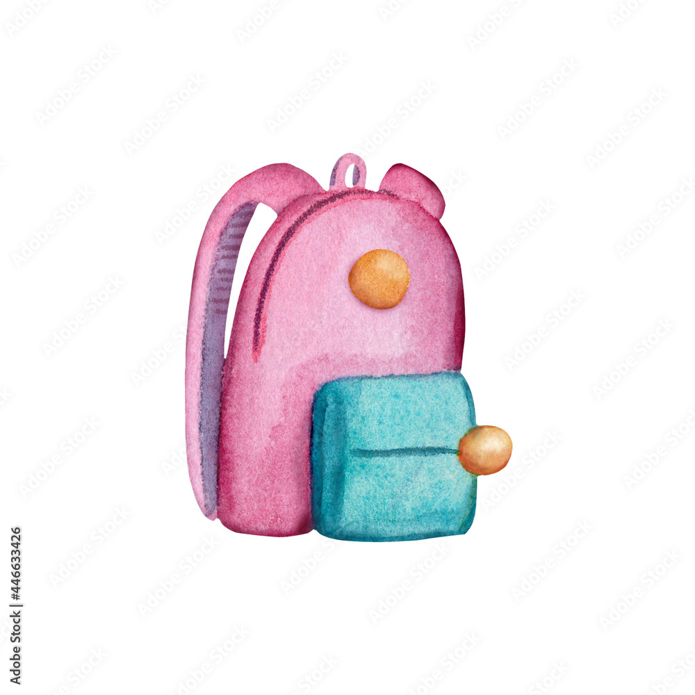 Pink backpack watercolor clipart on white background. School ...