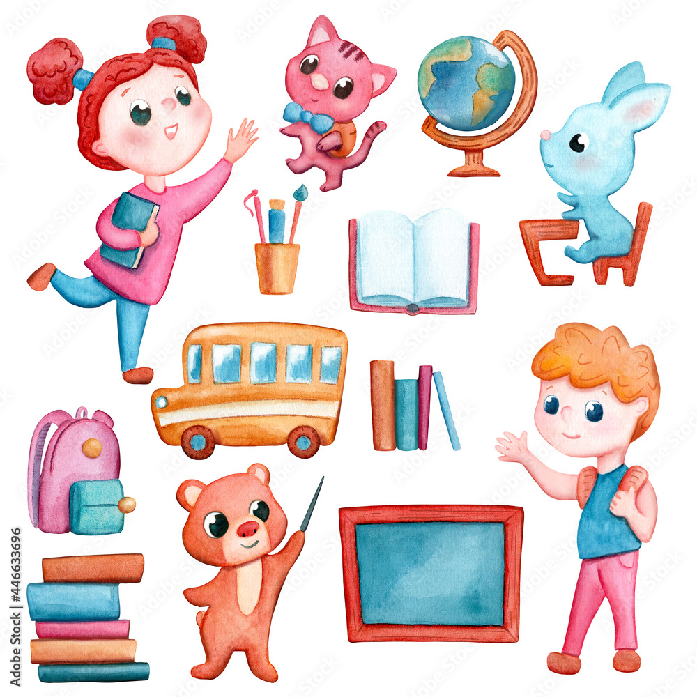 School kids, animal characters and school objects watercolor clipart on ...