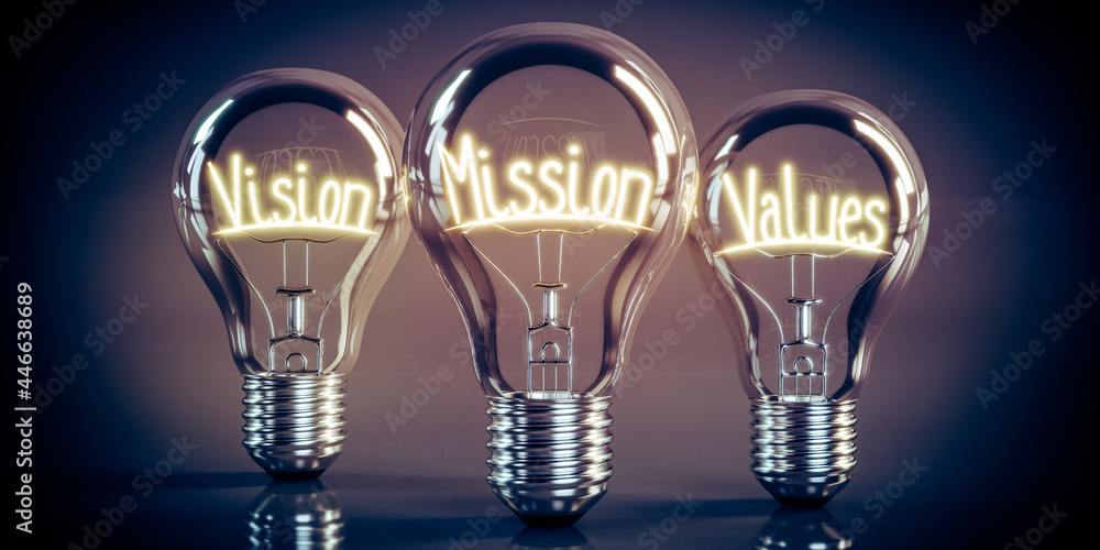 Vision, mission, values - shining light bulbs - 3D illustration Stock ...
