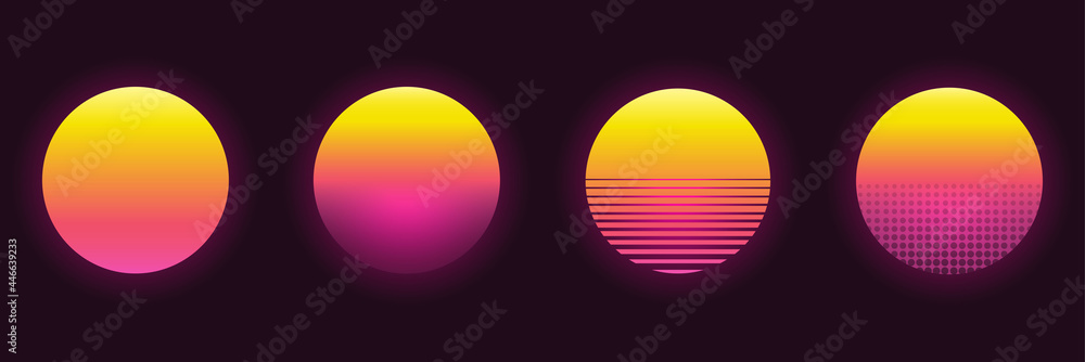 Retro futuristic sunset set in different design. 80s style. Retrowave ...