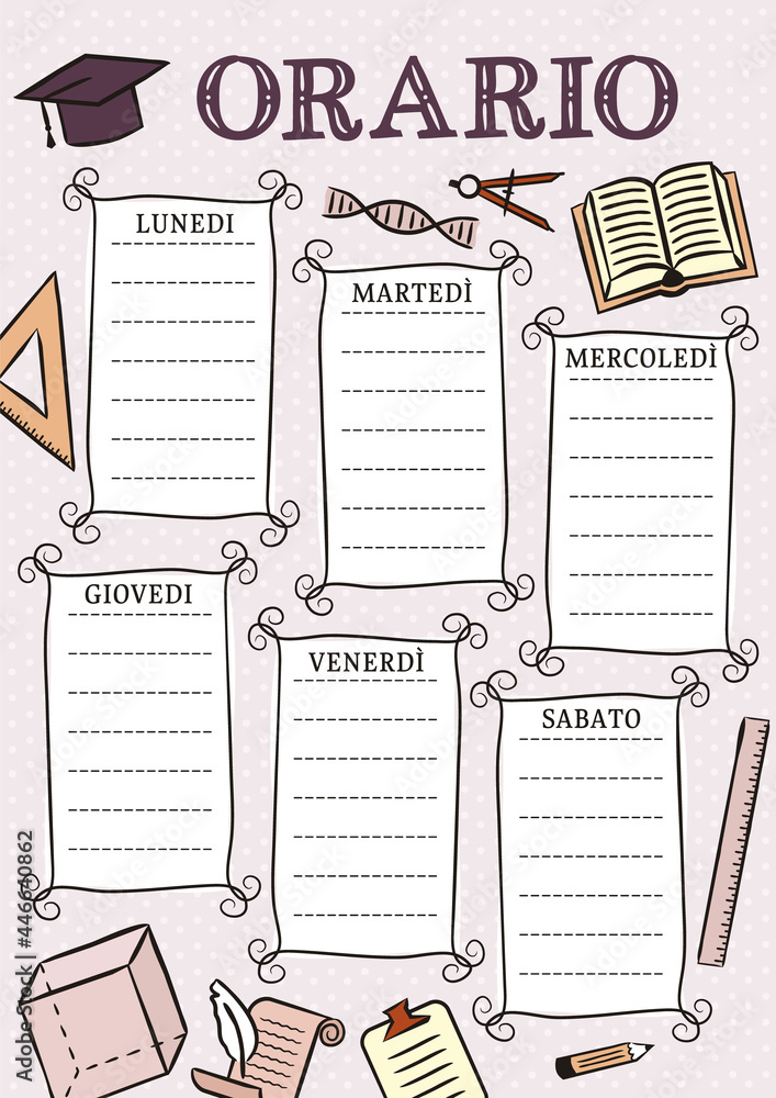 Italian vintage template of a school schedule for 6 days of the week ...
