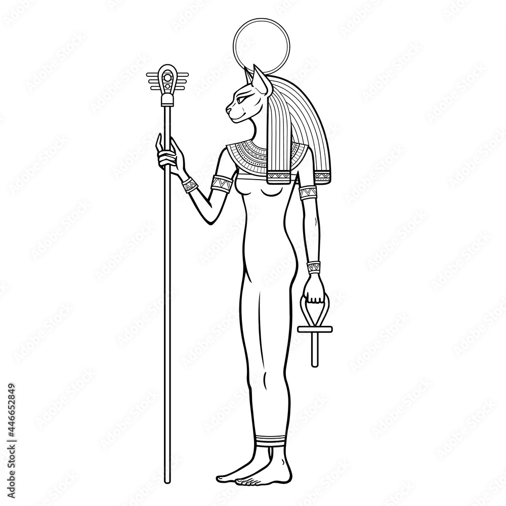 Animation portrait Ancient Egyptian goddess Bastet (Bast) holds symbols ...