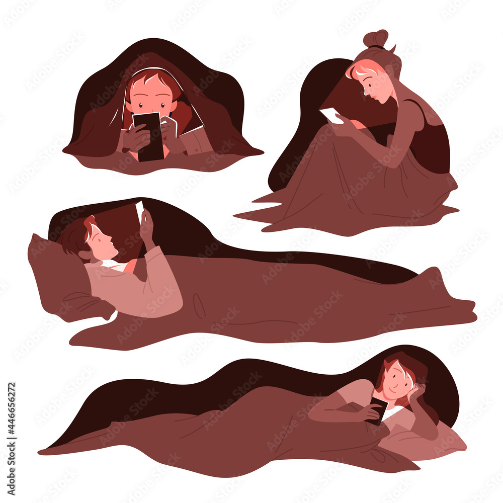 People use mobile phones late at night vector illustration set. Cartoon ...