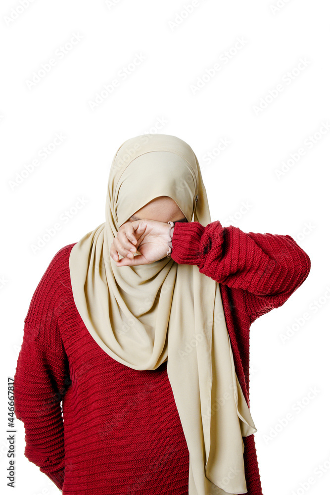 Asian Muslim Woman Wearing Hijab Crying Depressed Full Of Sadness Expressing Sad Emotion