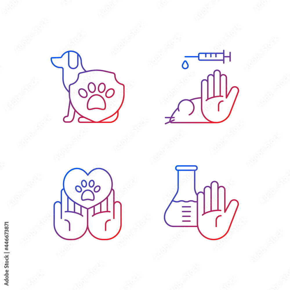 Animal testing gradient linear vector icons set. Pet welfare. Ban harm ...