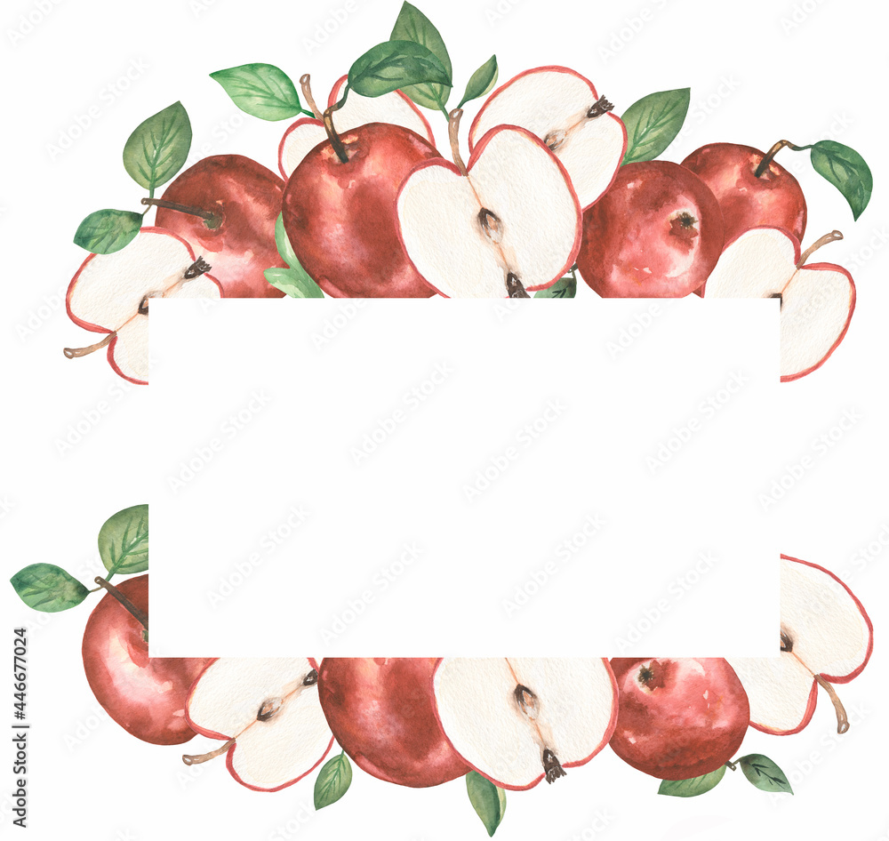 Apple Clipart, Watercolor Red Apple frame, Organic botanical fruit clip ...
