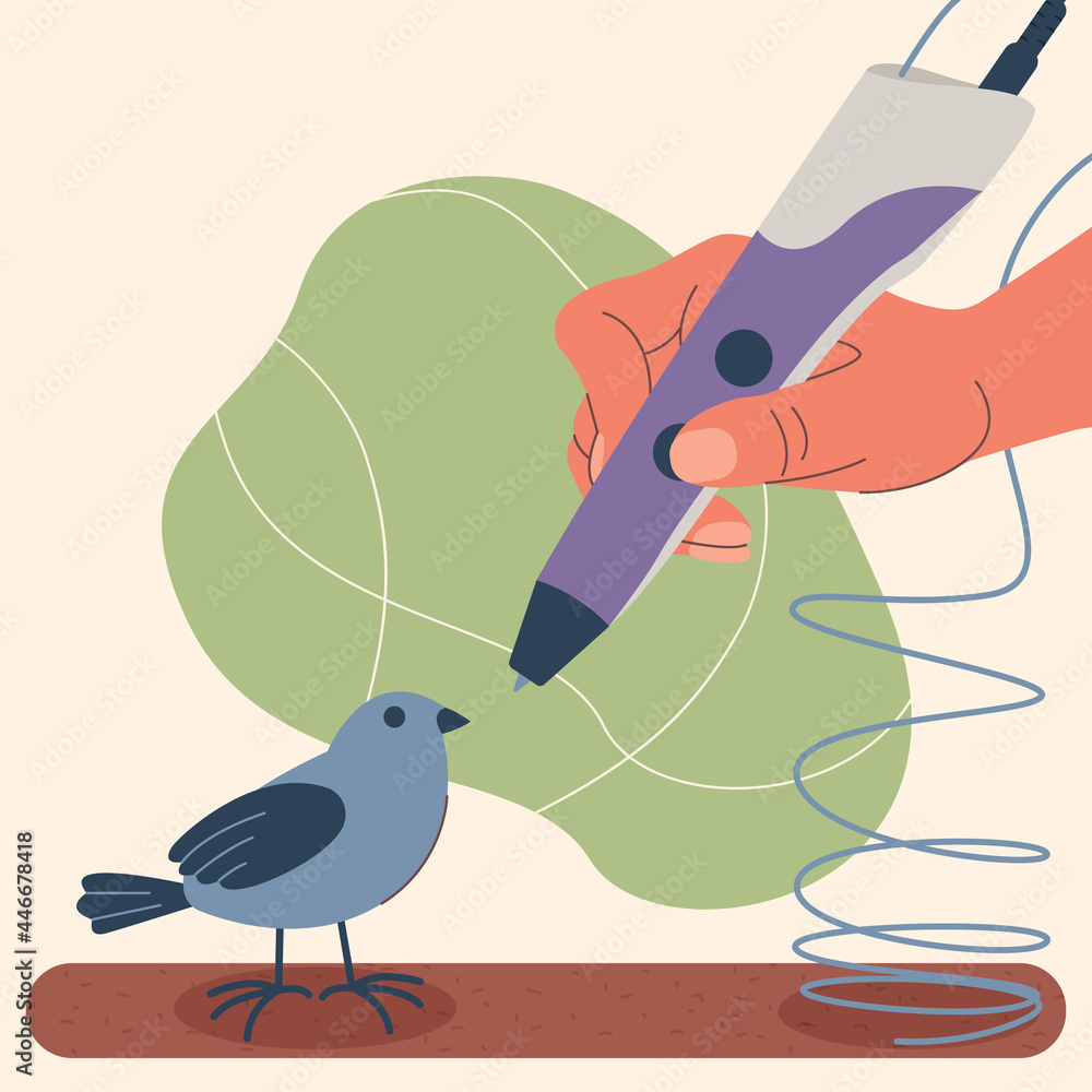Creation of a model using a 3D pen. Illustration of a hand holding a 3D ...