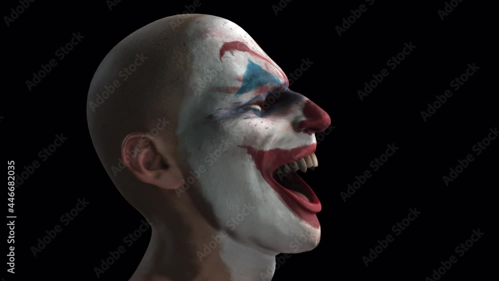 The scary, creepy clown laughs with a nightmarish, terrifying laugh ...