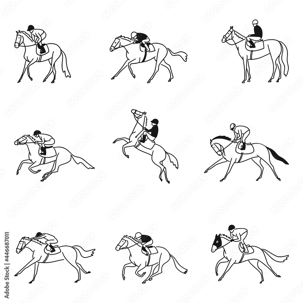 Horse racing set in line art drawing style. Black linear sketch ...