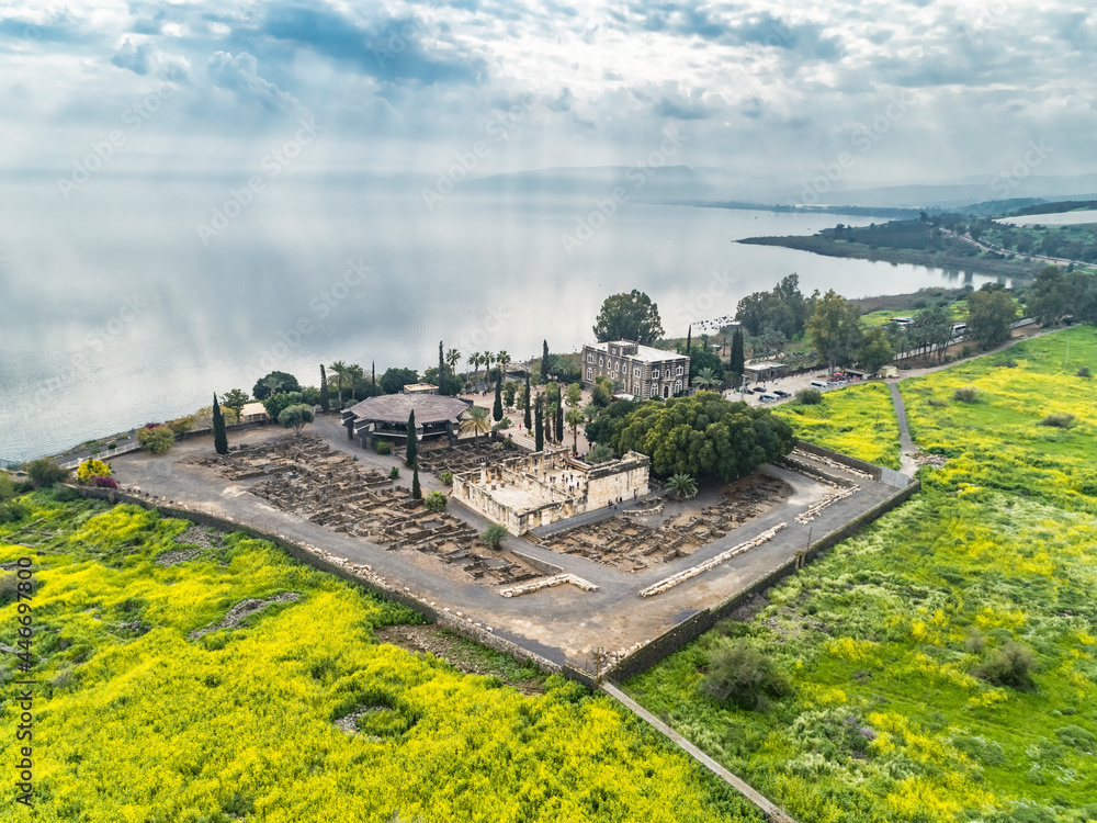 Aerial view of the Archaeological site of Capernaum and the Sea of ...