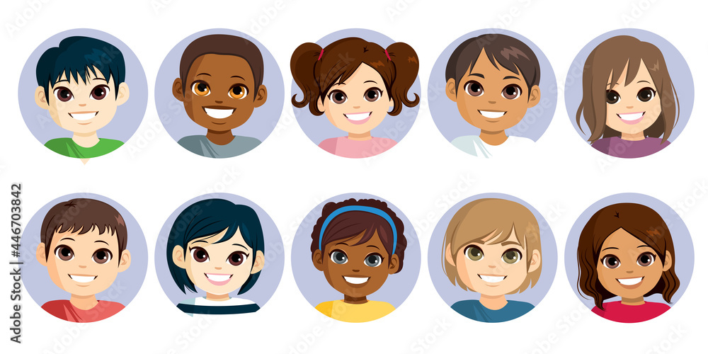 Collection of happy diverse little children smiling face avatar Stock ...