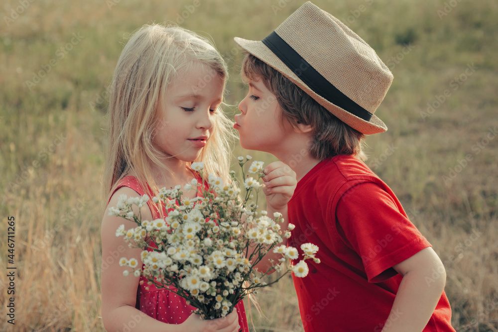 Lovely children. Kids Love story, kiss. Beautiful little couple - boy ...