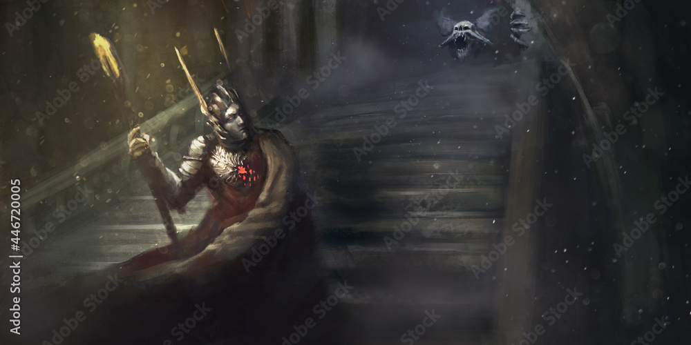 The wizard is in the dungeon, he is dressed in armor and mantle, he has ...