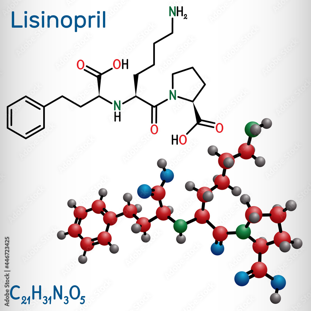 Lisinopril molecule. It is dipeptide, ACE inhibitor used to treat ...