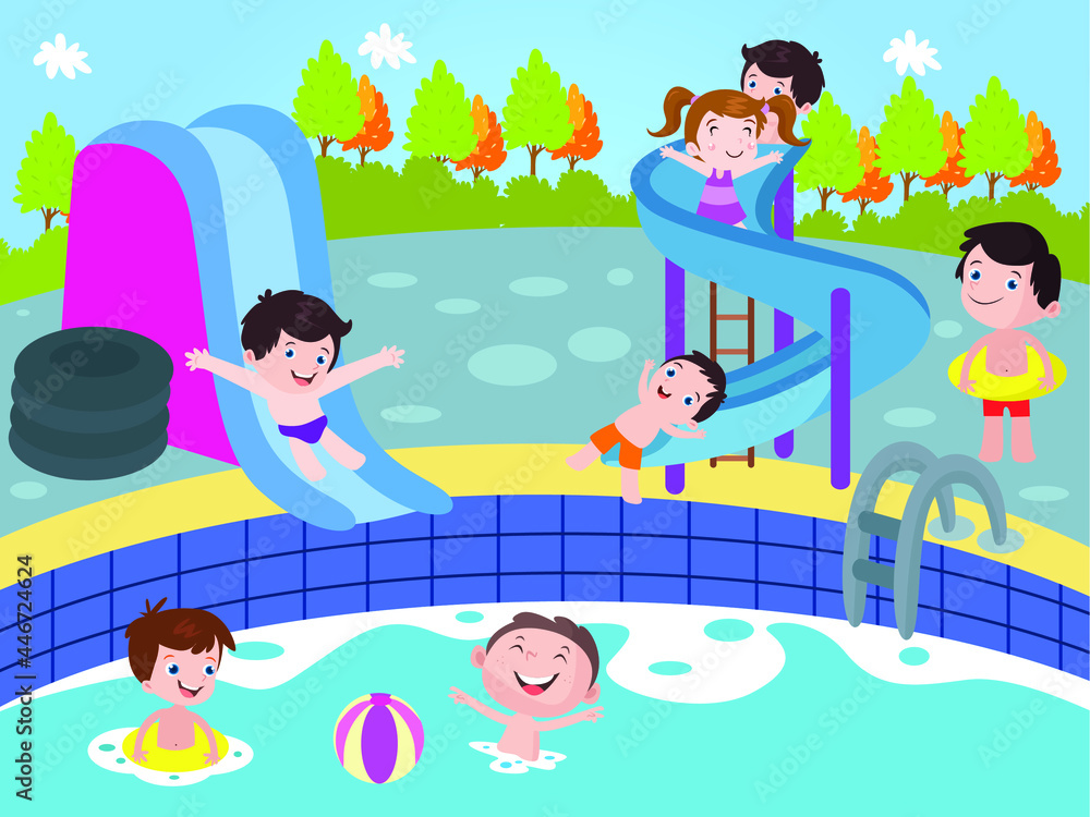Children having fun at waterpark 2D cartoon concept for banner, website ...