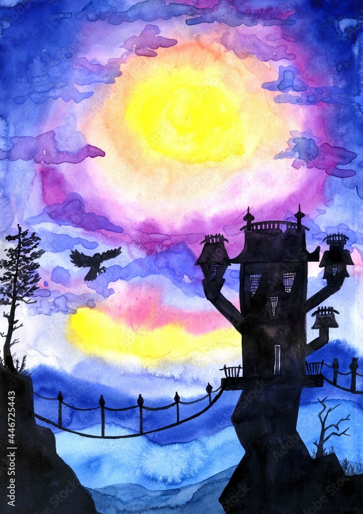 watercolor illustration of a witch castle silhouette with a suspension ...