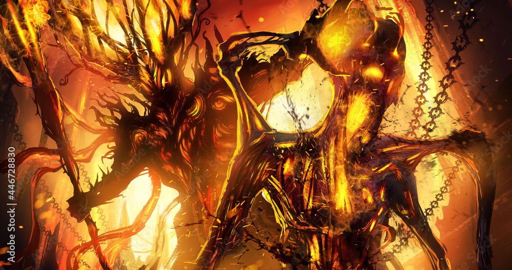 A fiery necromancer demon with fiery horns raises a suffering sinner ...