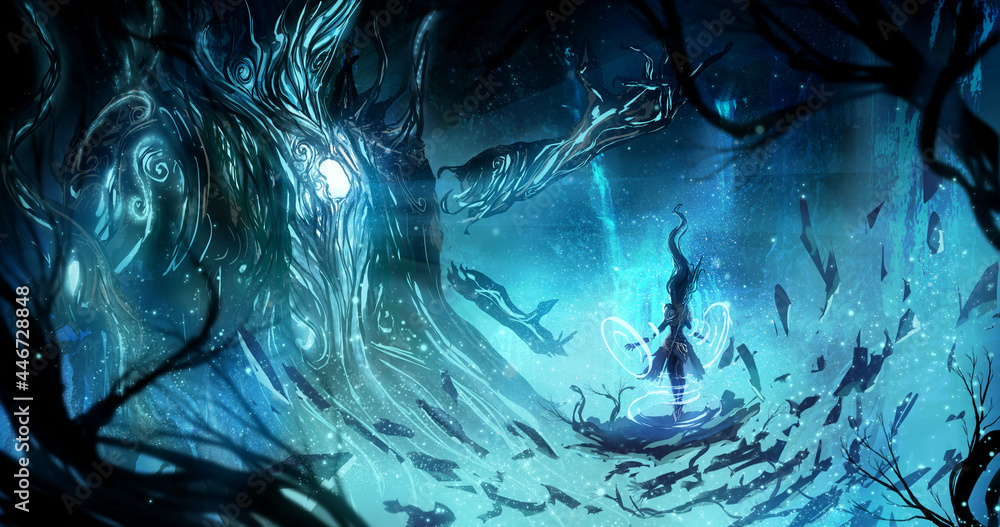 A female sorceress levitates in a glowing cave opposite a huge multi ...