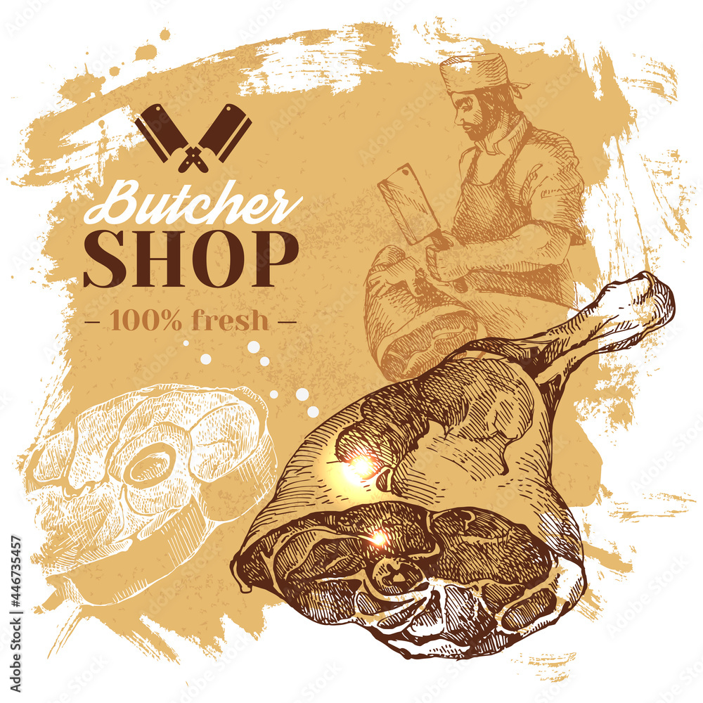 Hand drawn sketch meat butcher shop background. Vector vintage ...