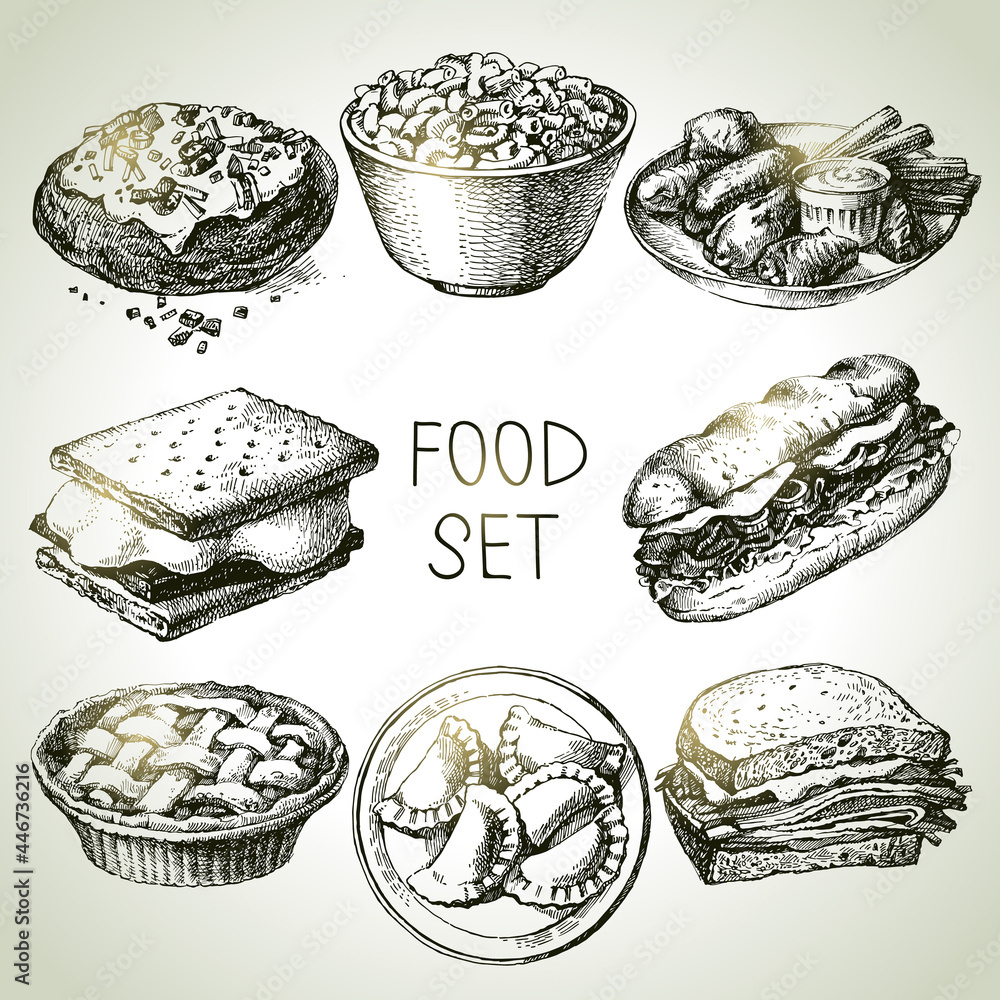 Hand drawn food sketch set. Vector black and white vintage ...