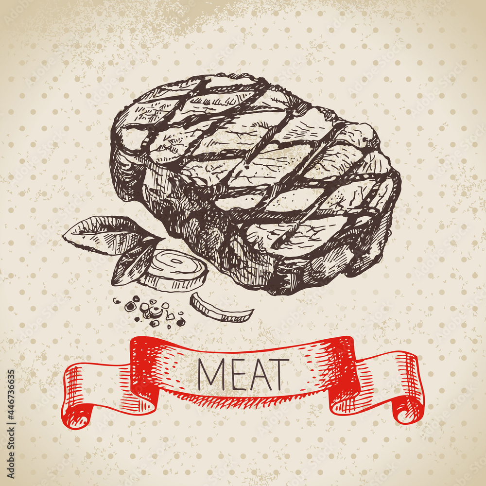 Hand drawn sketch meat product. Vector vintage ribeye steak ...