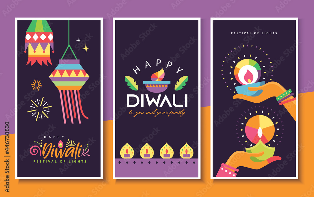 Set of happy Diwali Hindu festival posters design with colorful oil ...