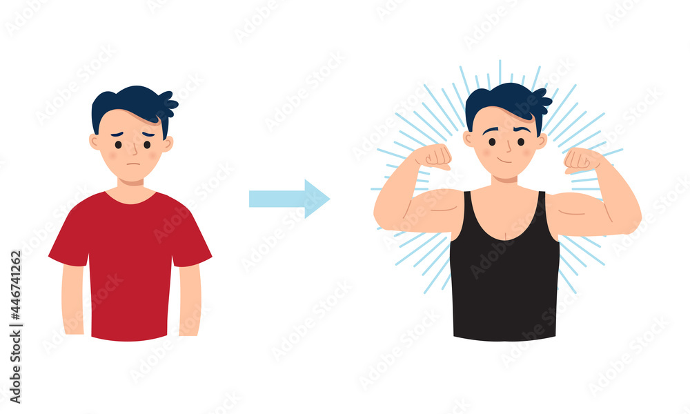 Before after body transformation. Fit man showing his muscle. Flat ...