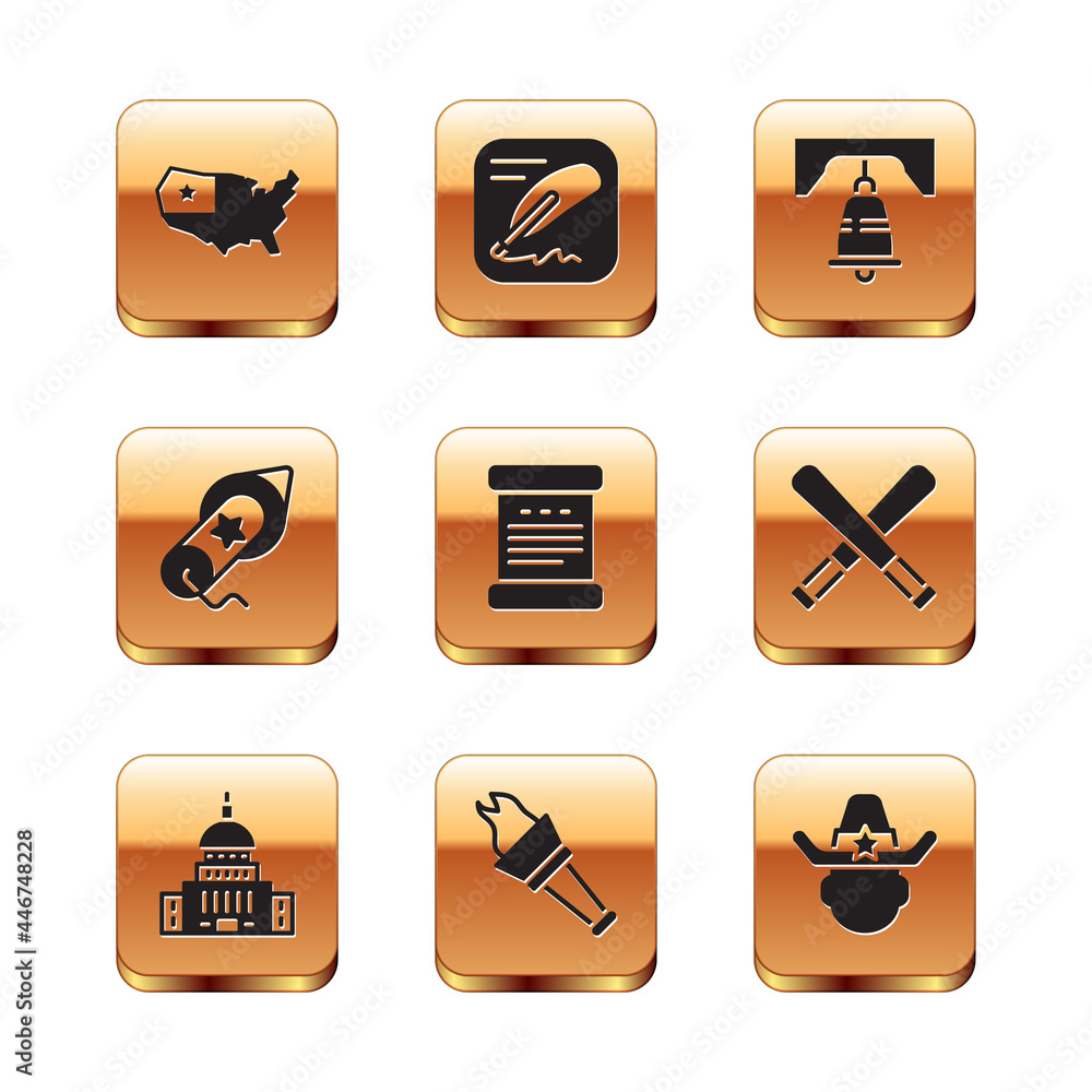 Set USA map, White House, Torch flame, Declaration of independence ...