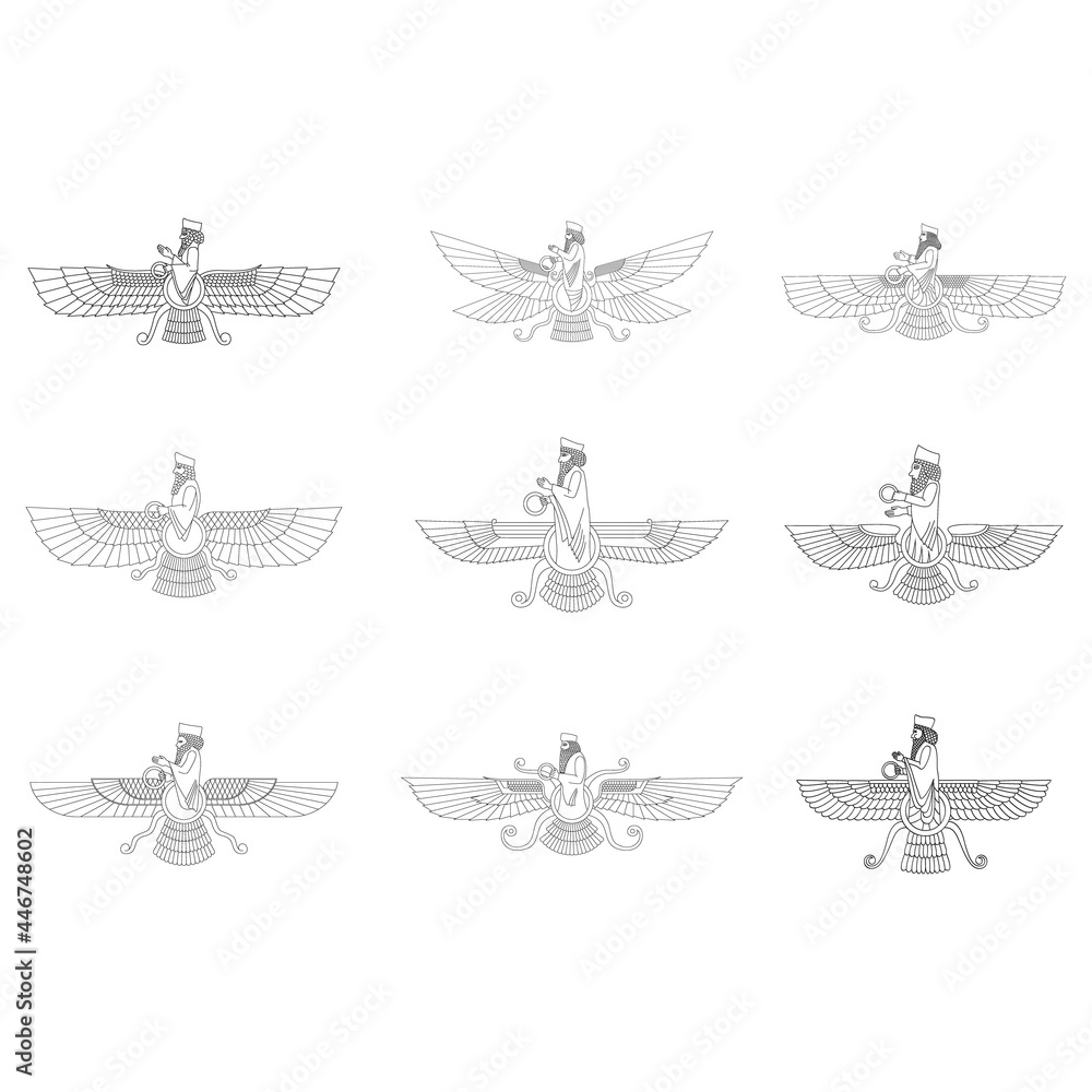 vector monochrome icon set with ancient sumerian symbol Faravahar for ...