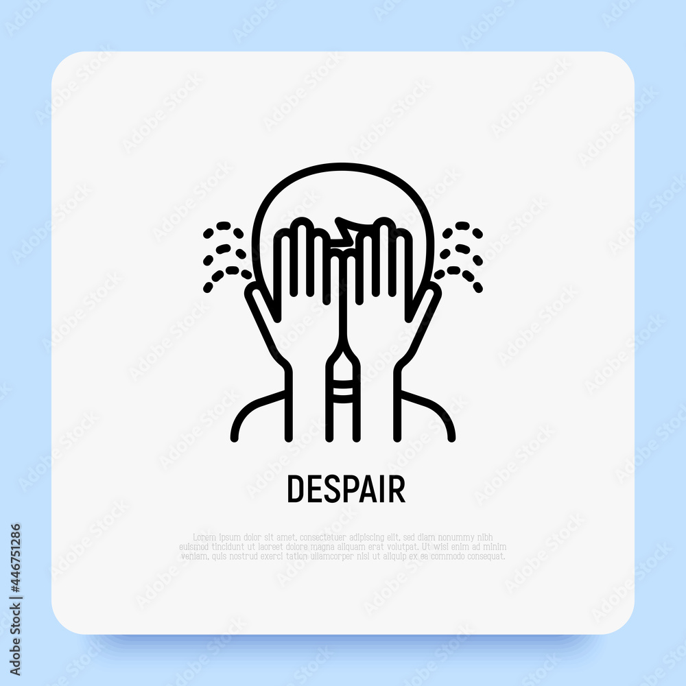 Poster Despair thin line icon: man closed his face by hands – Wall Art ...