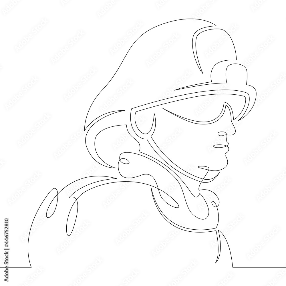 One continuous line. Male character professional firefighter in helmet ...